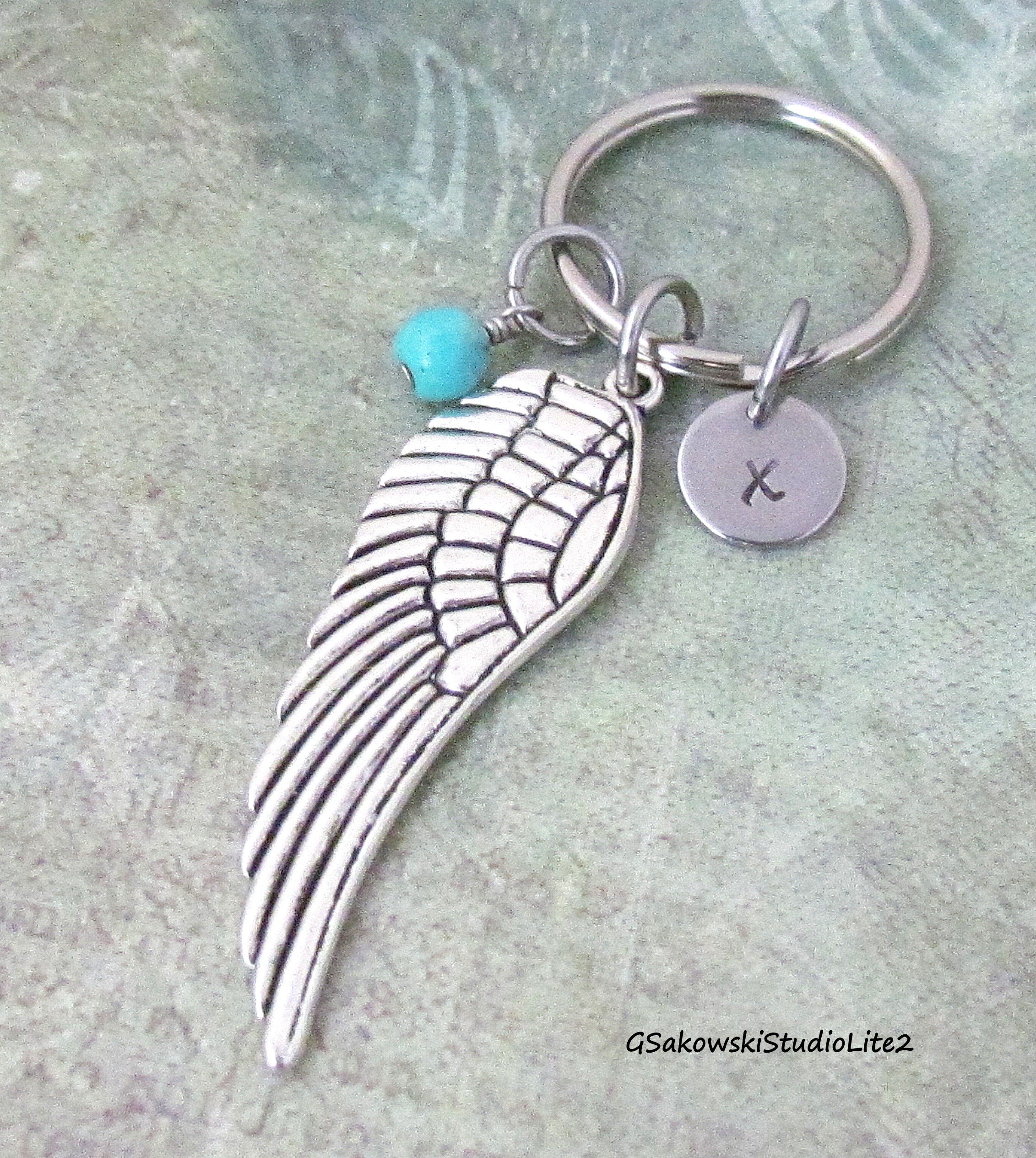 Angel Wing Charm Key Ring, Personalized Antique Silver Initial Angel ...