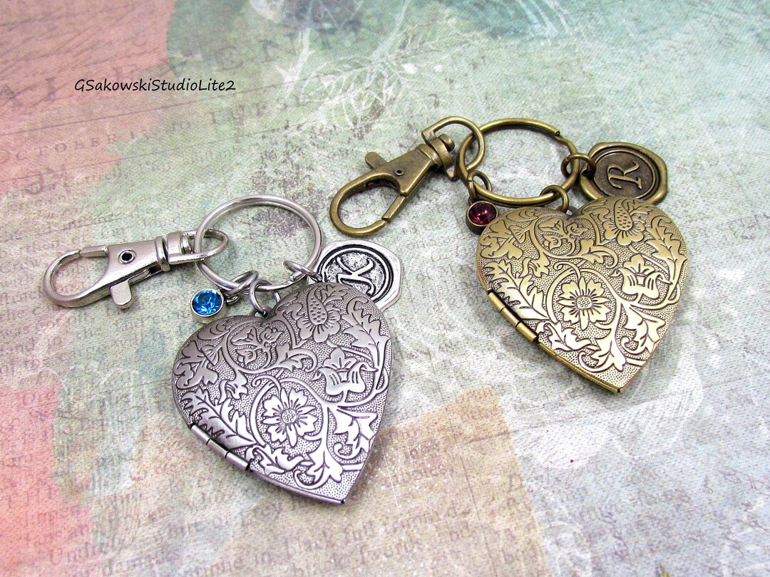Heart Locket Key Ring, Personalized Antique Brass/silver Initial Wax ...