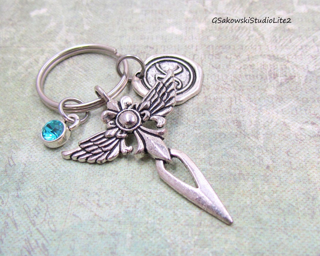 Dagger Cross With Wings Charm Key Ring, Personalized Antique Silver ...