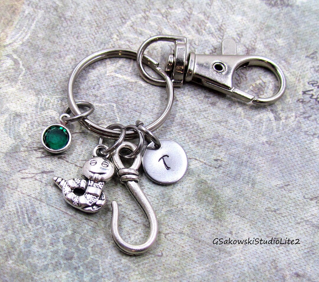 Fishhook and Fishing Bait Keychain, Personalized Antique Silver Initial ...