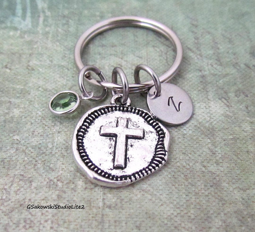 Cross Charm Key Ring Personalized Antique Silver Initial Birthstone Wax ...