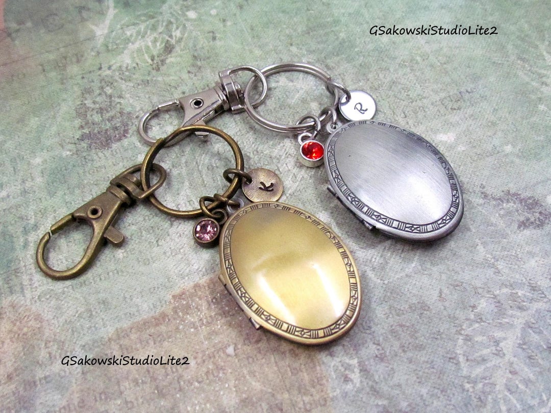 Oval Locket Key Ring Personalized Hand Stamped Initial Birthstone Frame ...