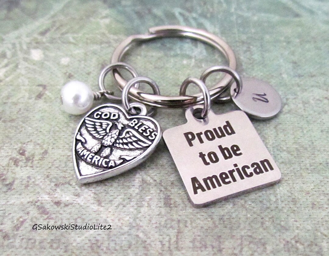 Proud to Be American Key Ring, Personalized Initial God Bless America ...