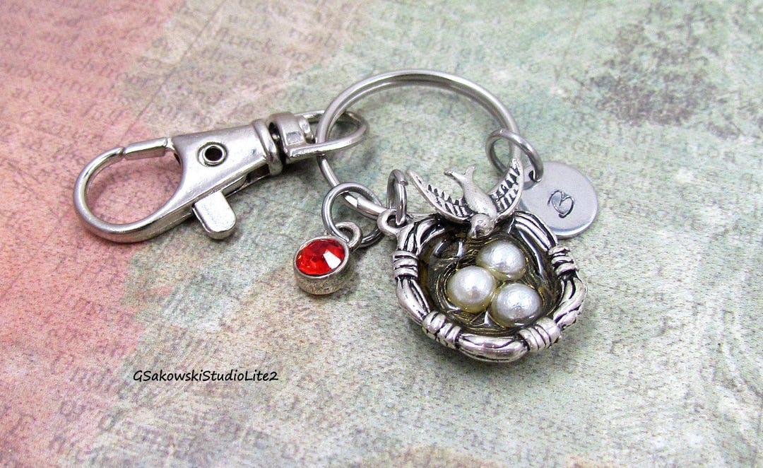 Bird With Nest Charm Key Ring Personalized Antique Silver Initial ...