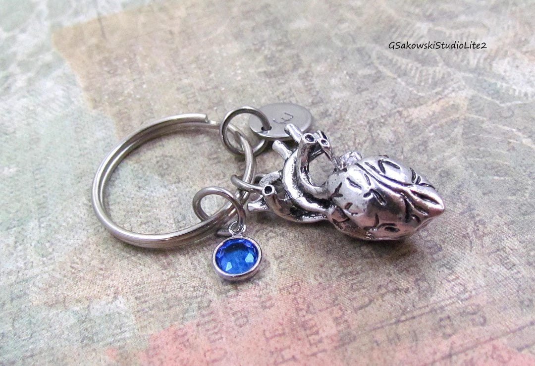 Anatomical Heart Charm Key Ring Personalized Antique Silver Initial ...