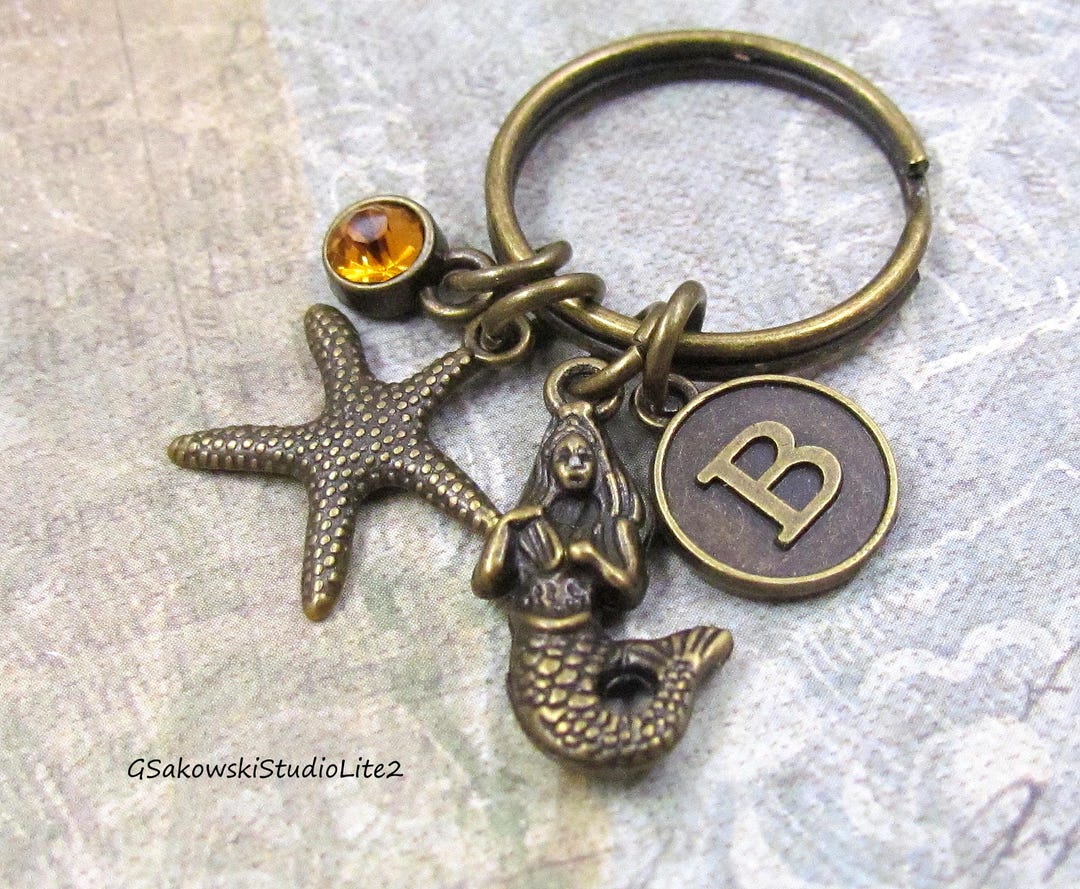 Mermaid Starfish Keyring Small Nautical Keychain, Personalized Antique ...