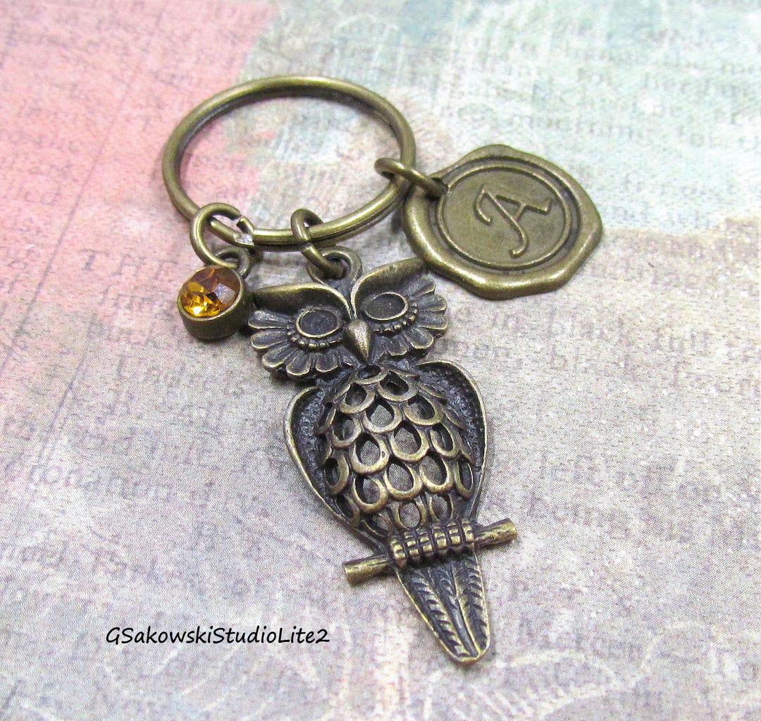 Owl Charm Key Ring, Personalized Antique Brass Initial Wax Seal ...