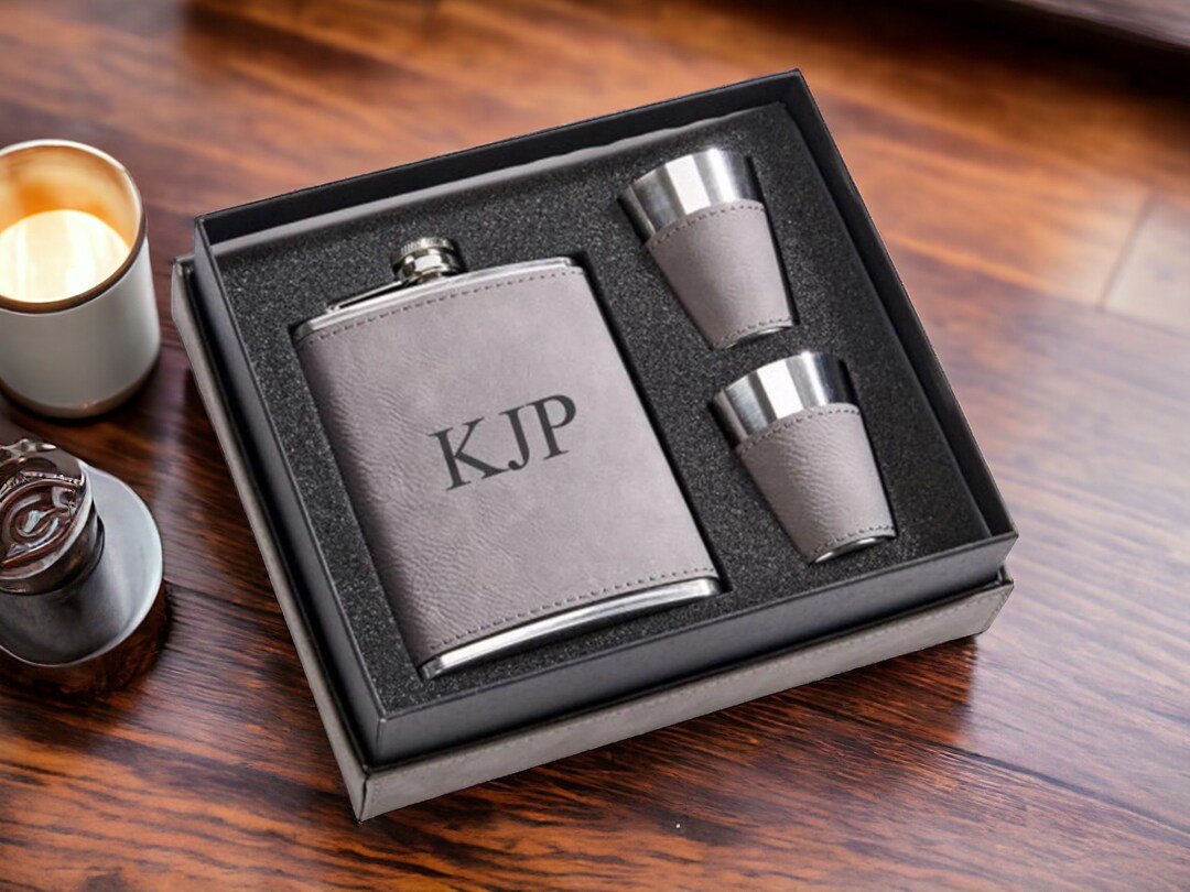 Leatherette Box 8 Oz Grey Flask and 2 Grey Cups - Etsy