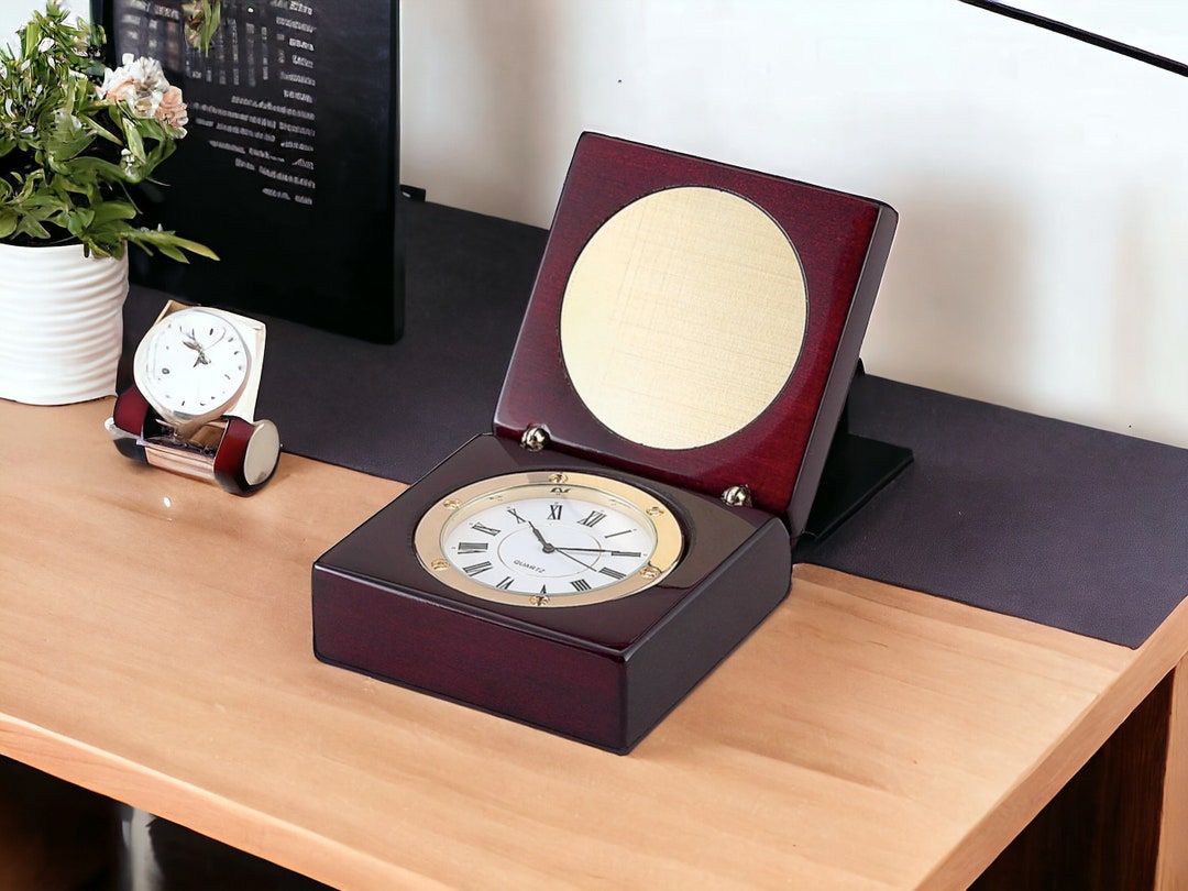 Custom Engraved Square Wood Box With Clock With Piano Finish, 2.875 ...