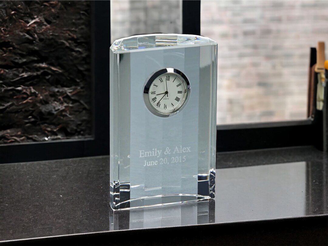 Custom Engraved Optic Crystal Semi Circular Clock 4.5" Tall Desk Clock ...