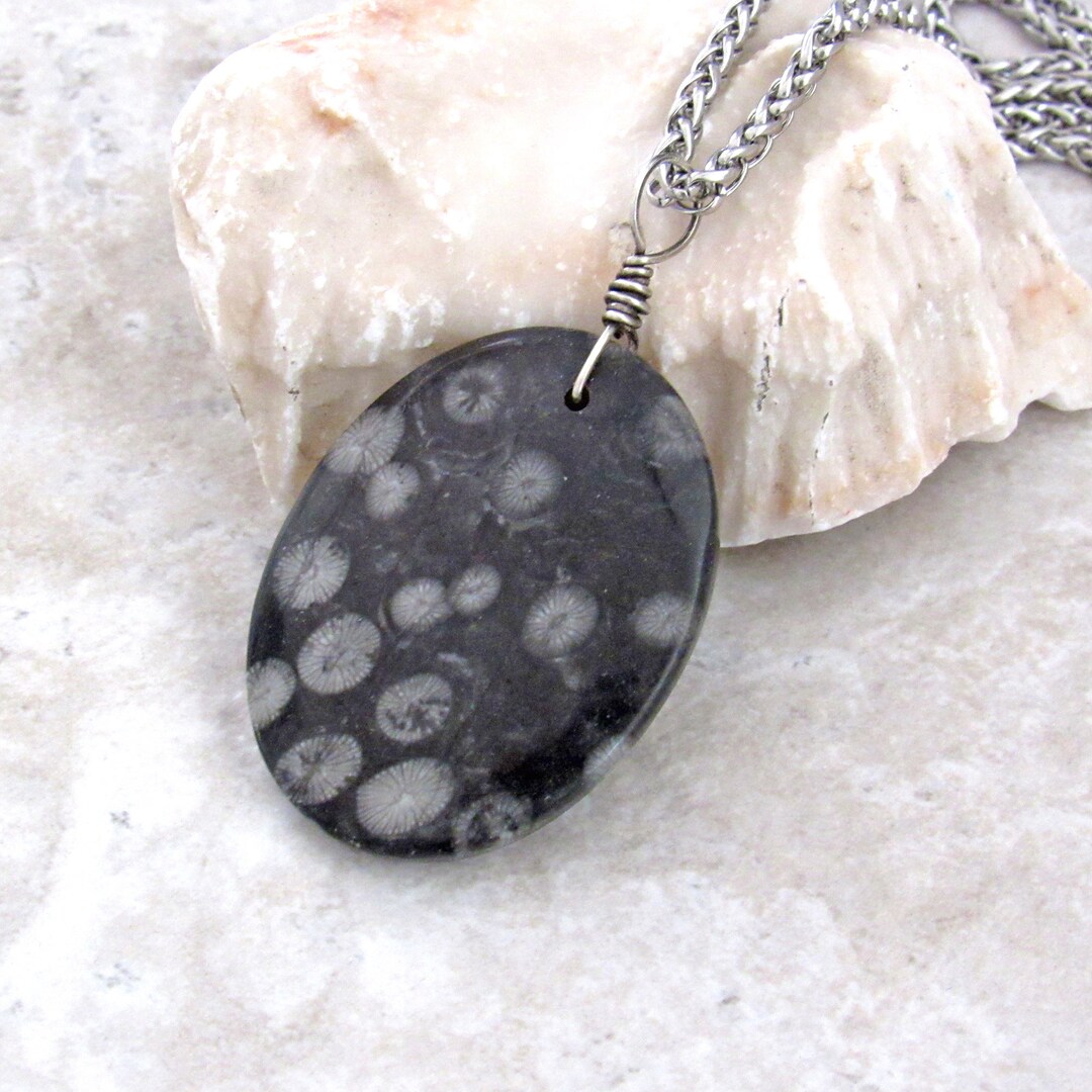 Black Fossil Stone Pendant Necklace on Stainless Steel Chain, Natural ...