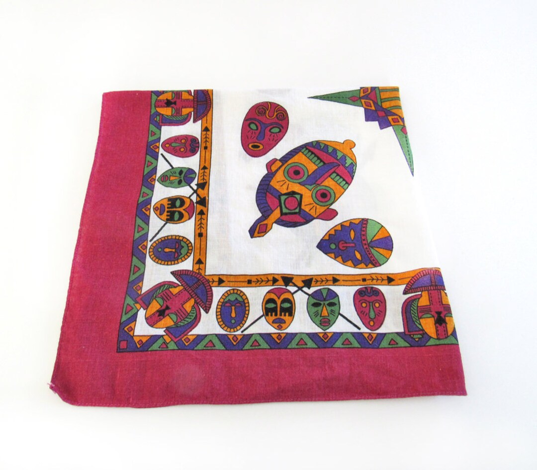 Vintage African Mask Print Bandana: 100% Cotton Head Scarf, Made in USA ...