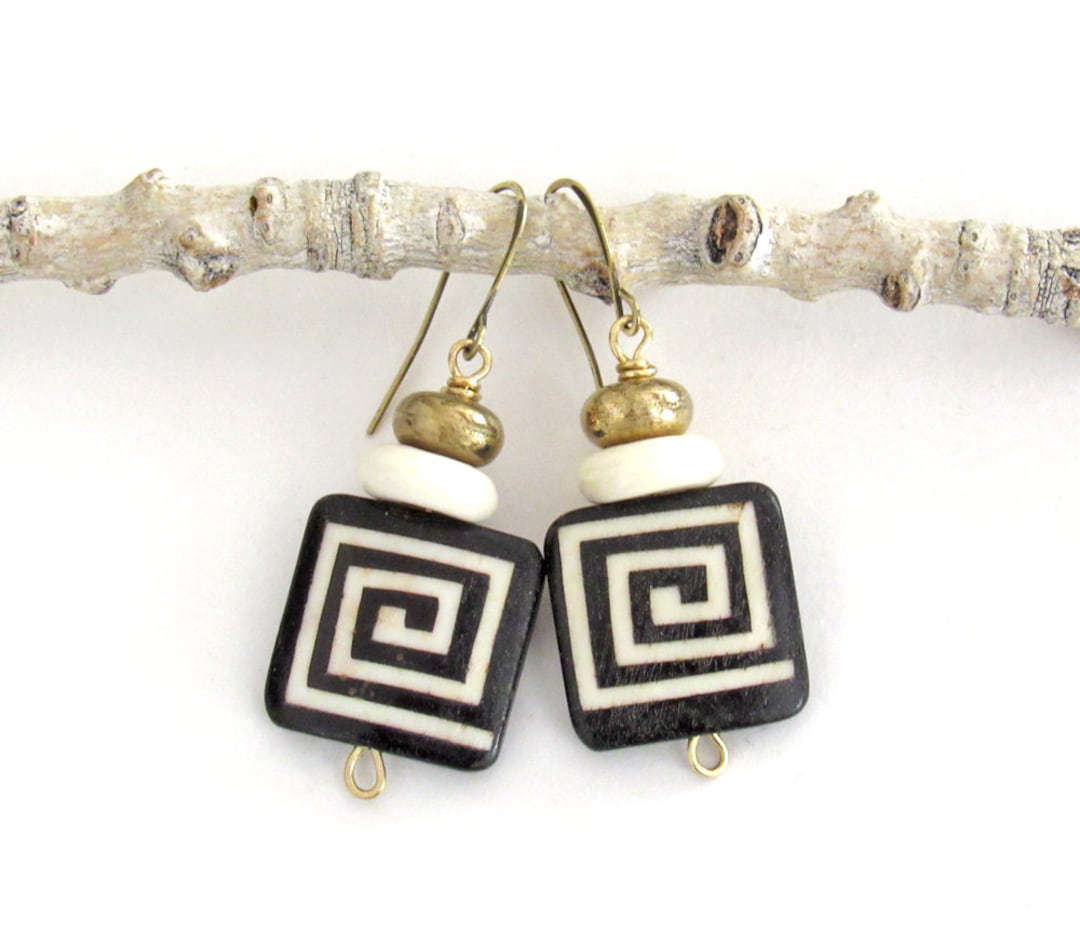 African Batik Bone Earrings With Greek Key Pattern, Bohemian Boho ...