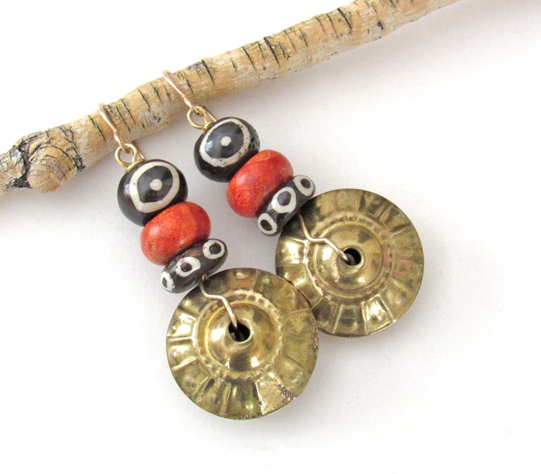 Bold Ethnic Tribal Earrings With Vintage Brass Beads, Red Coral and ...