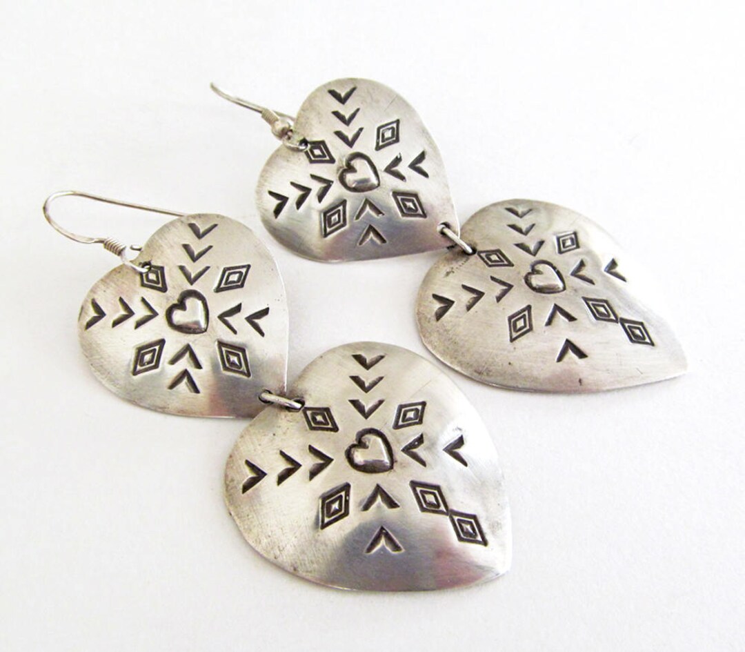 Big Sterling Silver Heart Shaped Concho Earrings Vintage - Etsy