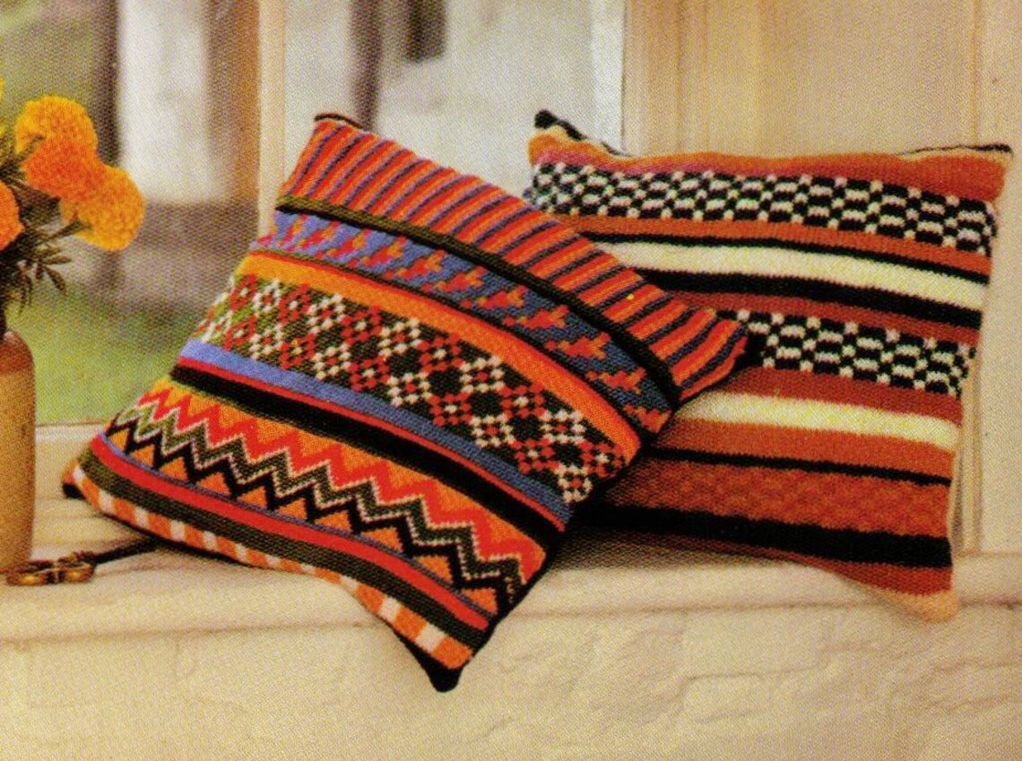 Vintage Retro FAIRISLE STRIPED Square Cushions Set of 2 Knitted Size 45 ...