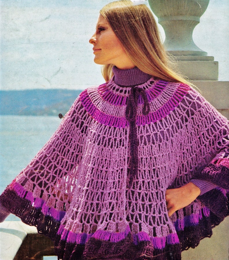 Vintage 1960's Retro Women's Poncho Purple With Diamond Pattern Round ...