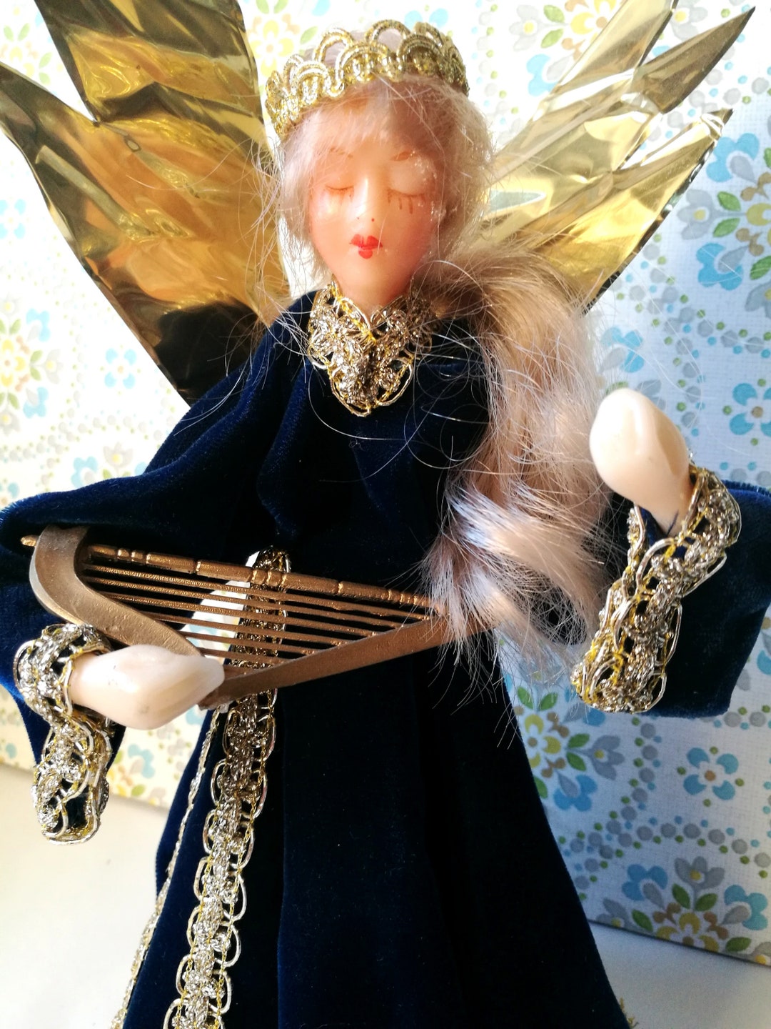 Wax Angel With Blue Velvet Dress and Harp VINTAGE - Etsy