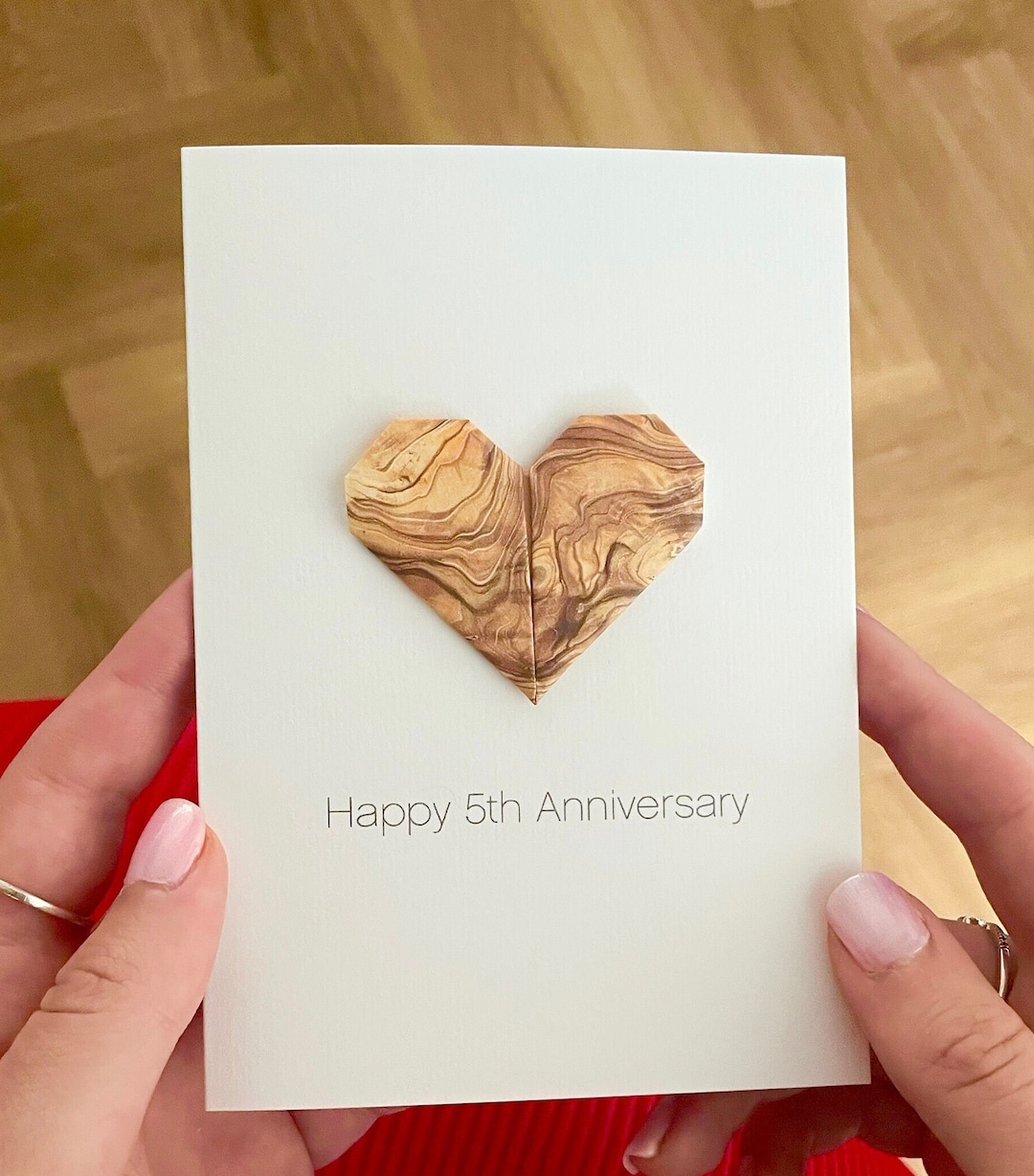 5th Anniversary Card Wood Origami Heart | Five Years Anniversary Card ...
