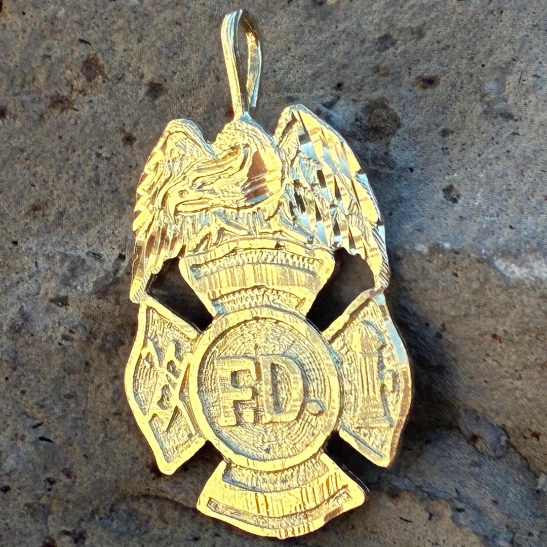 14k Solid Yellow Gold F.D. Fire Department Pendant With Eagle Ladder ...