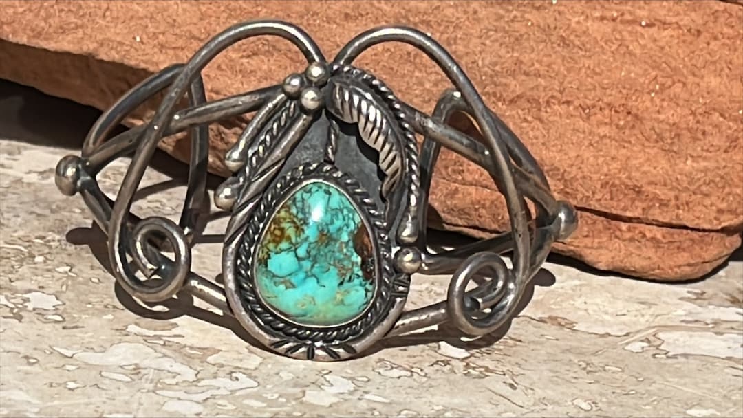 Vintage Paiute ~ Del Adams Sterling Silver and Turquoise Leaf / Feather ...