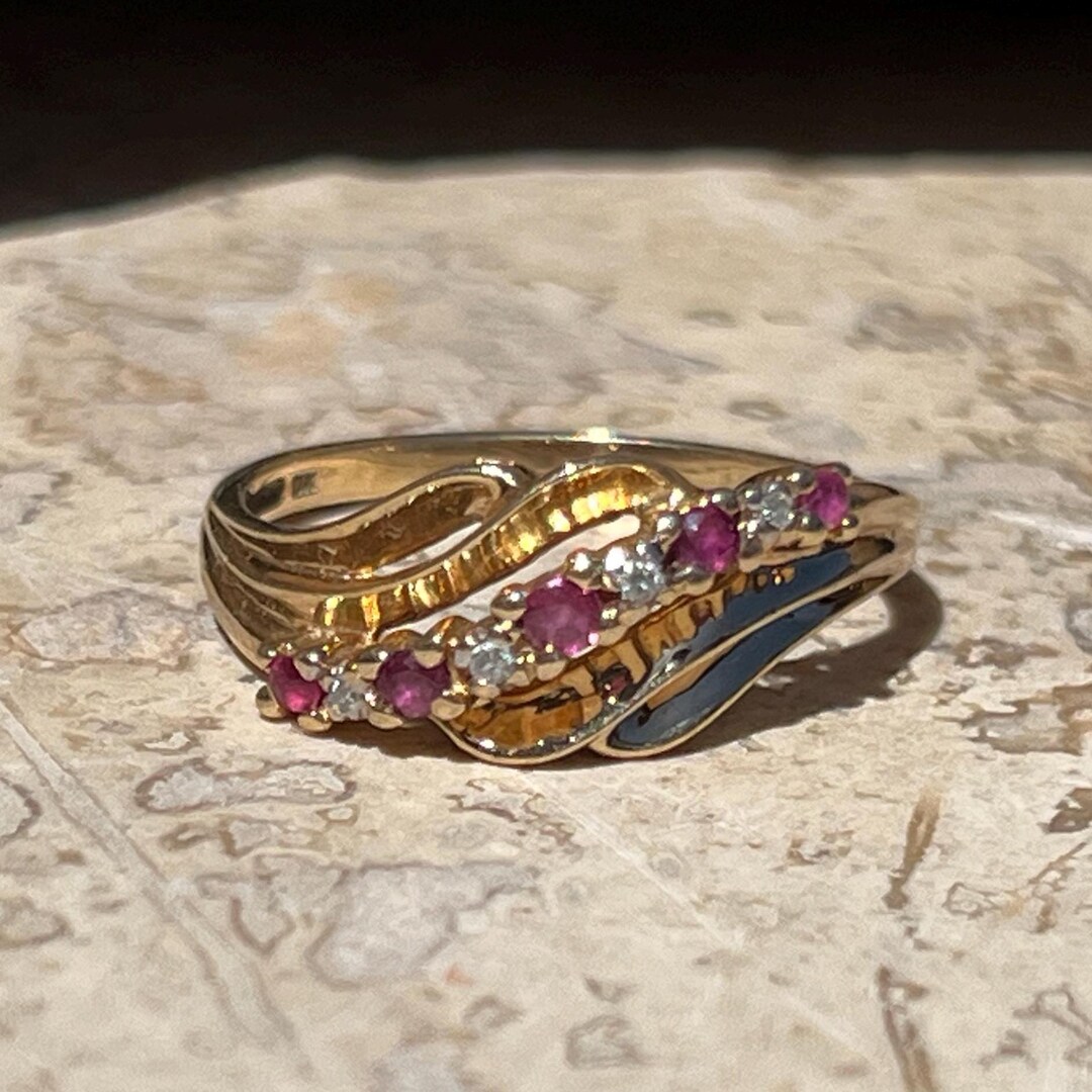 Vintage 10K Solid Yellow Gold Ruby and Diamond Wave Ring - Size 6.5 - Etsy