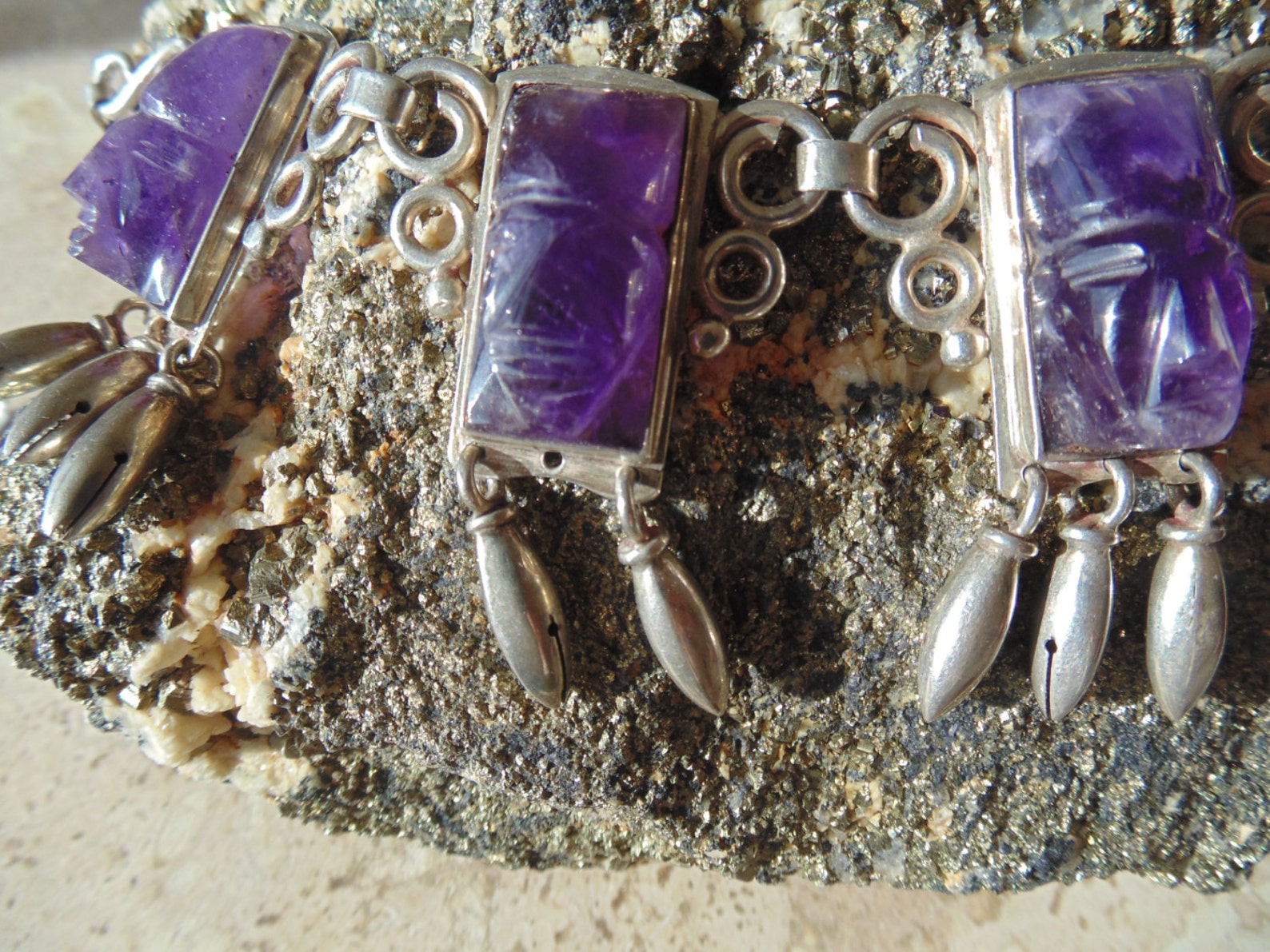 Fred Davis Signed ~ Silver Necklace With Hand Carved Amethyst Faces and ...