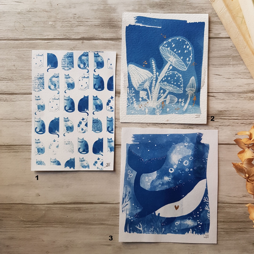 Cyanotypes Whale Cat Mushrooms Blue and Gold A6 13x13cm - Etsy