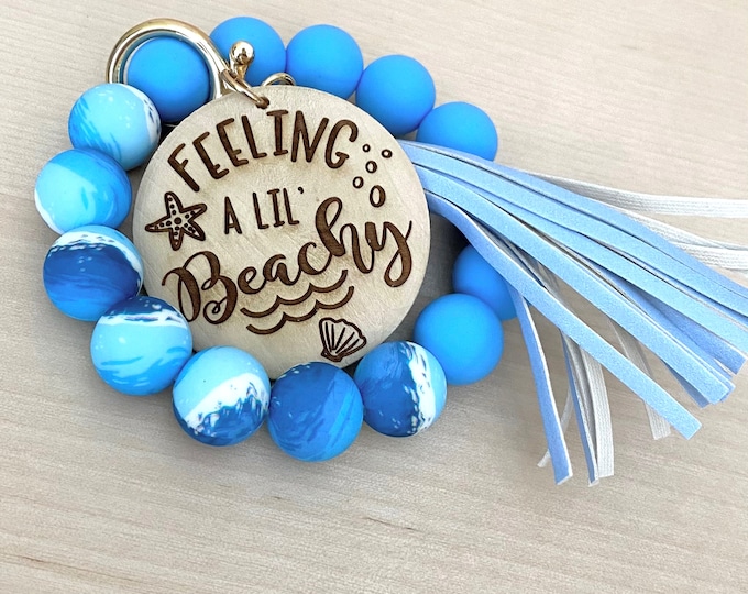 Beach Ocean Keychain Wristlet, Custom Key Tag W/ Blue Tassel ...
