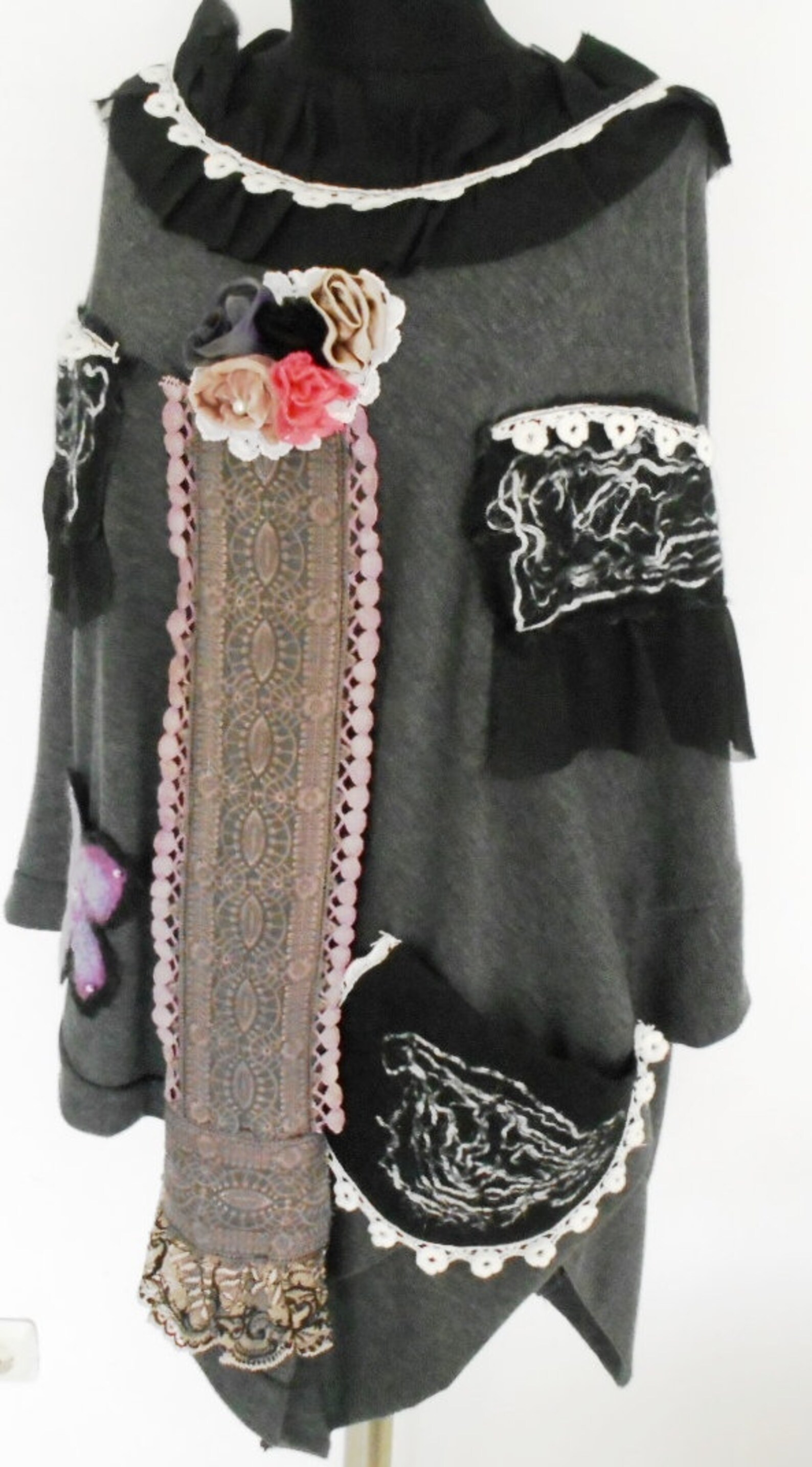 Boho Style Recycled Vintage Poncho - Hand-knitted Victorian Lace & Eco ...