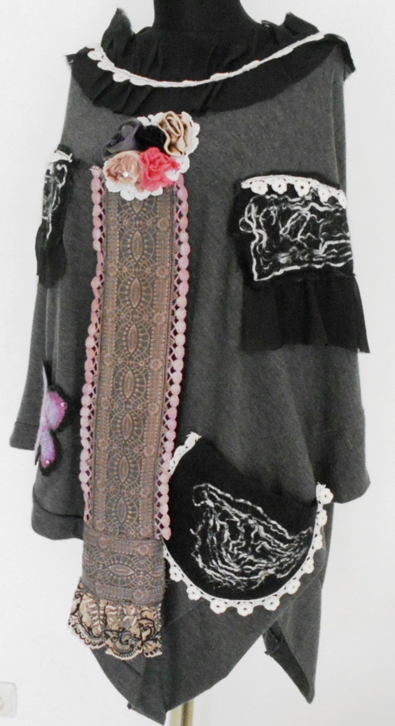 Boho Style Recycled Vintage Poncho - Hand-knitted Victorian Lace & Eco ...