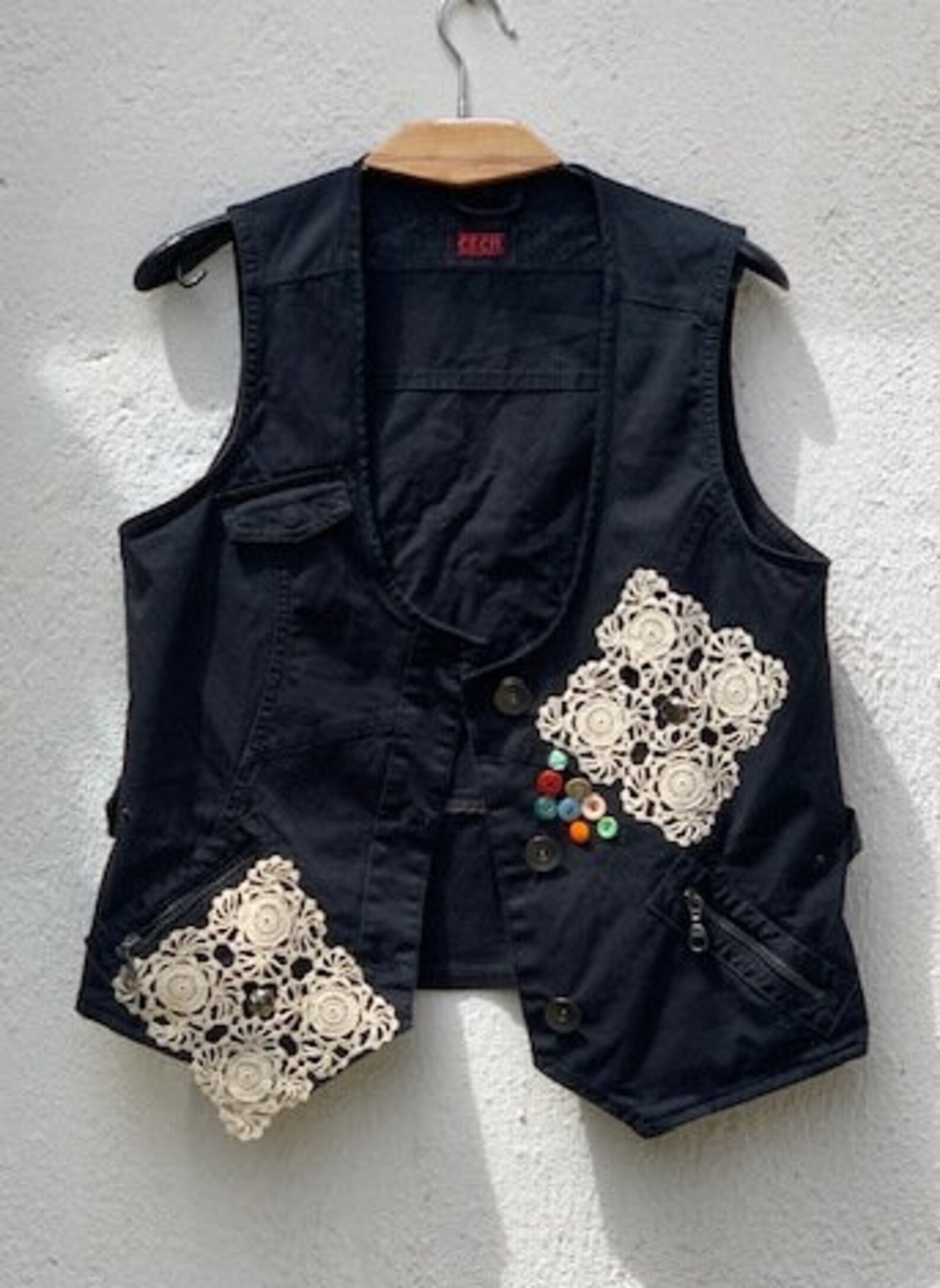 Boho Black Denim Vest, Recycled Denim Vest With Cotton Lace and ...