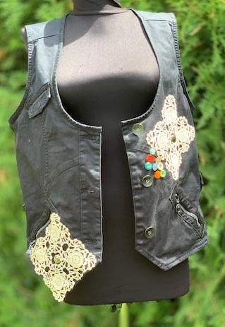 Boho Black Denim Vest, Recycled Denim Vest With Cotton Lace and ...