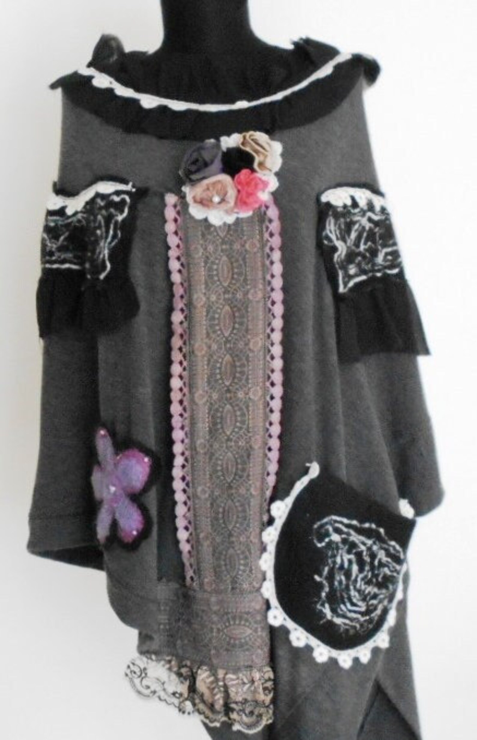 Boho Style Recycled Vintage Poncho - Hand-knitted Victorian Lace & Eco ...