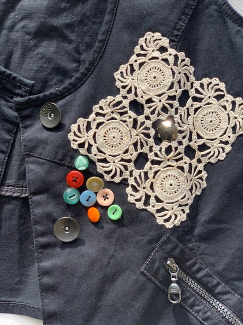 Boho Black Denim Vest, Recycled Denim Vest With Cotton Lace and ...