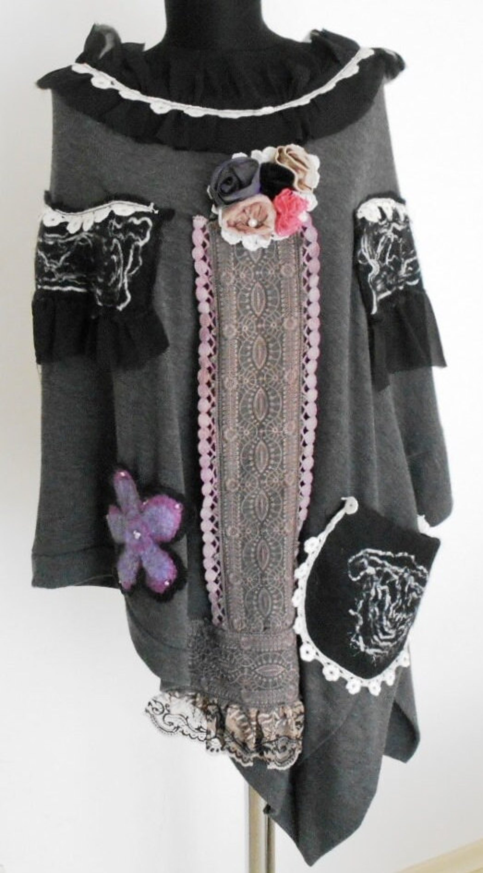 Boho Style Recycled Vintage Poncho - Hand-knitted Victorian Lace & Eco ...