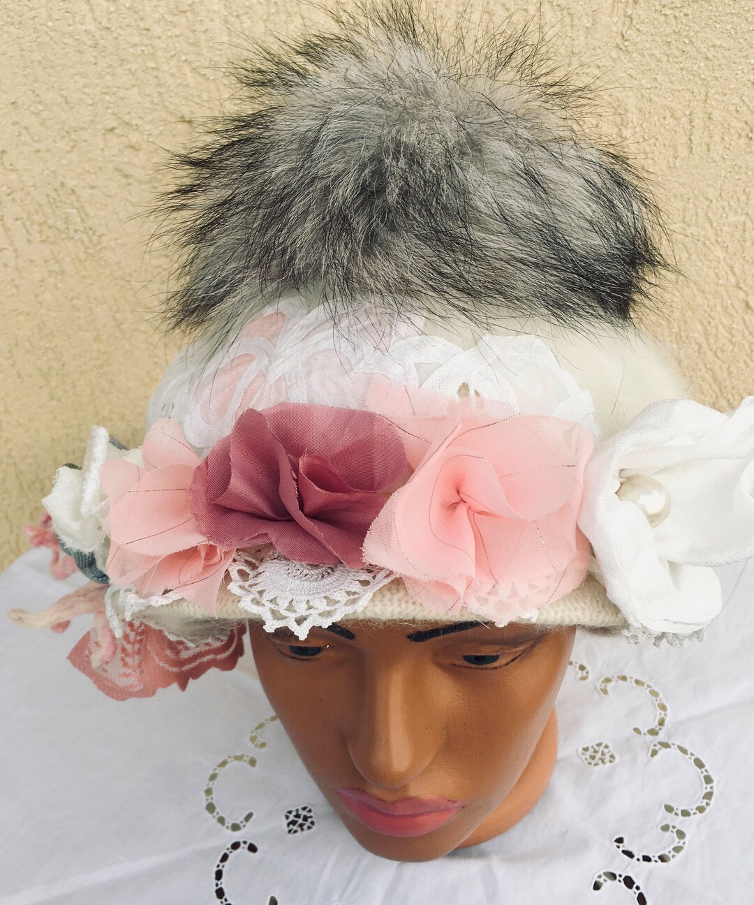 Boho Decorated Soft White Mohair Cap, Wearable Art, Boho Hippie - Etsy