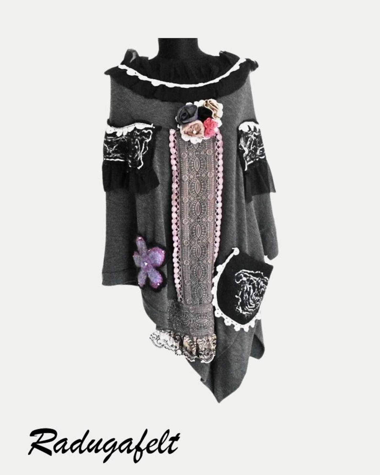 Boho Style Recycled Vintage Poncho - Hand-knitted Victorian Lace & Eco ...