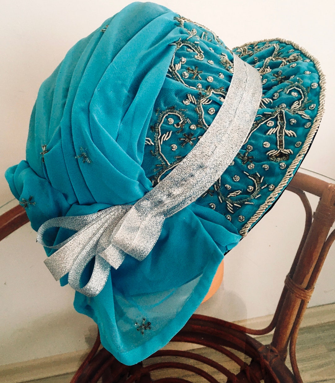 Elegant Hat,turquoise and Silver Brocade Hat,boho Embellished Recycled ...