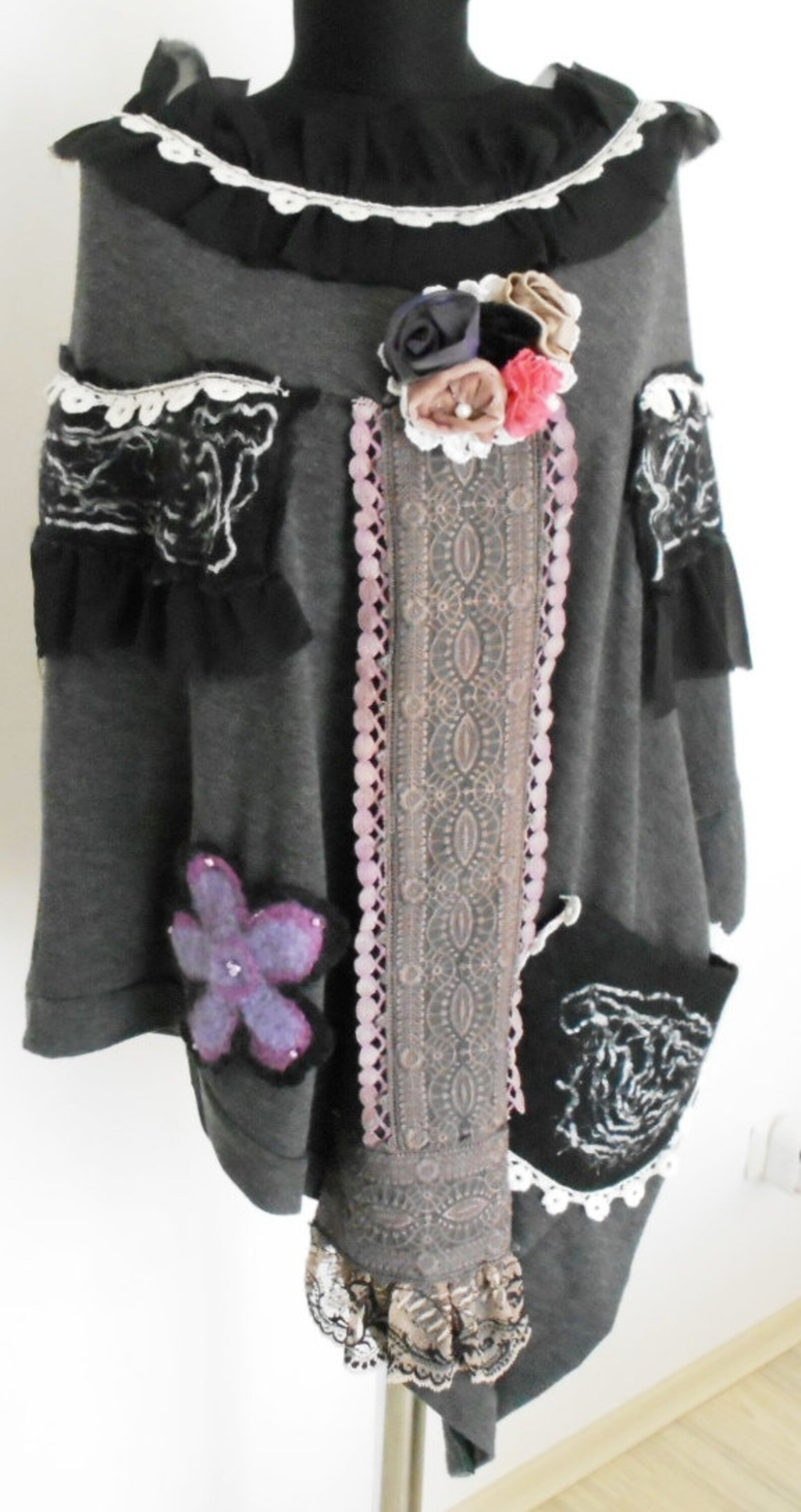 Boho Style Recycled Vintage Poncho - Hand-knitted Victorian Lace & Eco ...