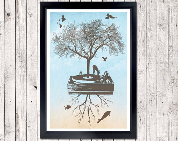 Music Tree Poster record player nature animals turntable | Etsy