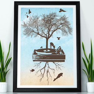 Music Tree Poster - Record Player, Nature, Animals, Turntable, Dj, Wall ...