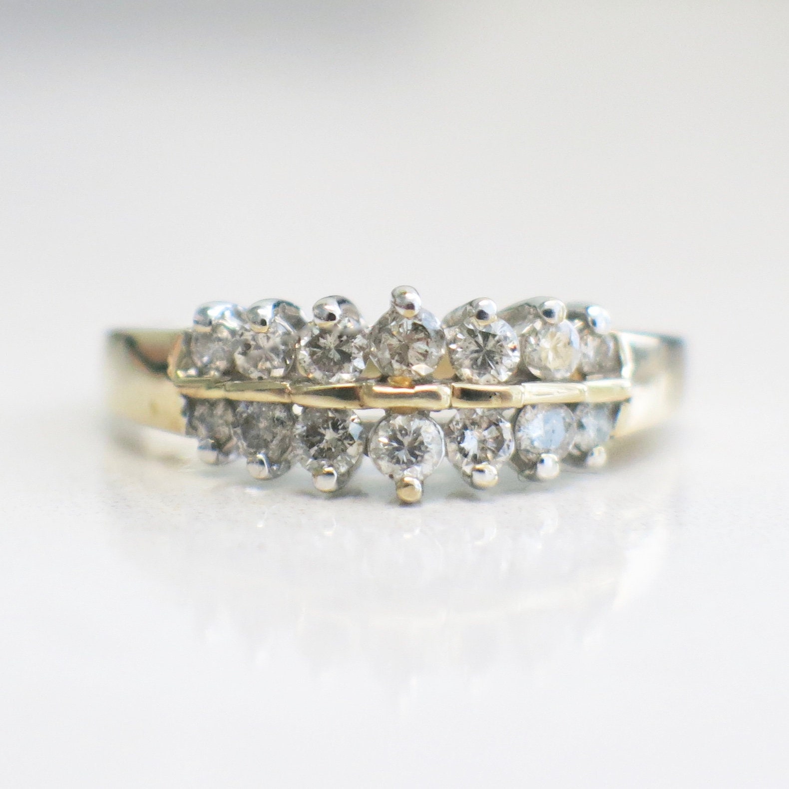 Vintage 14K Gold Diamond Double Row Ring Graduated Band .36 CTW Size 6. ...