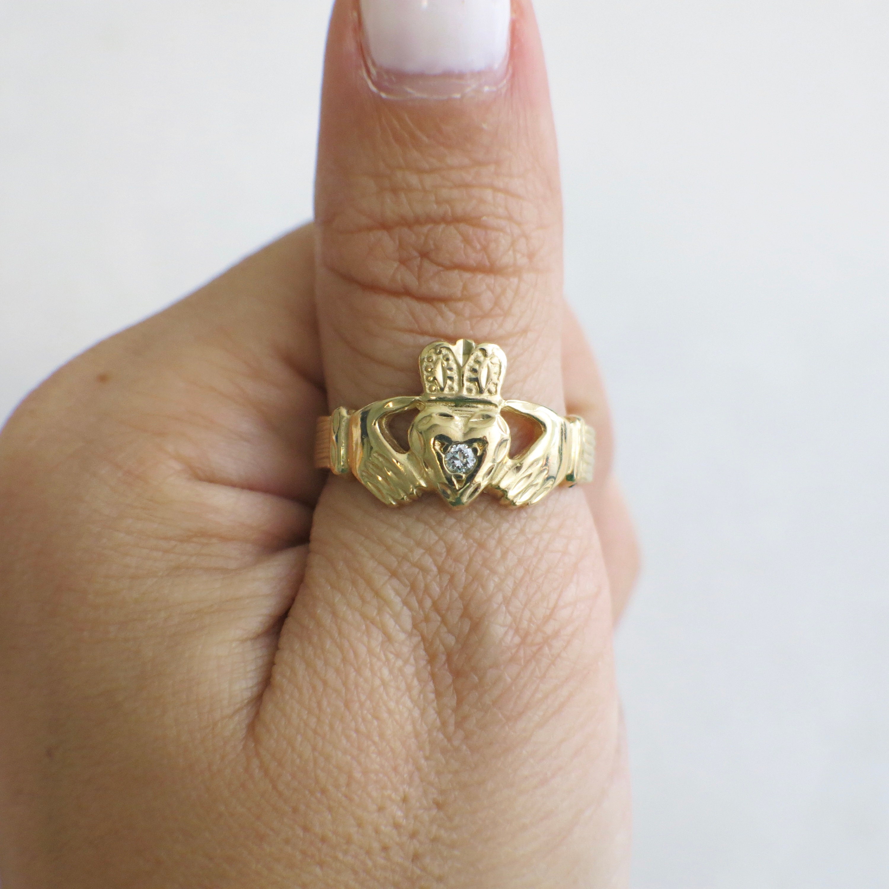 14K Yellow Gold Diamond Claddagh Ring | Etsy