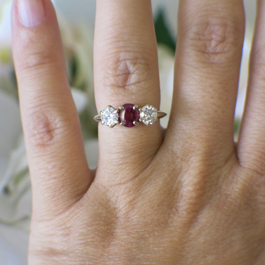 14K Yellow Gold Vintage Oval Ruby and Diamond Three Stone Ring or ...