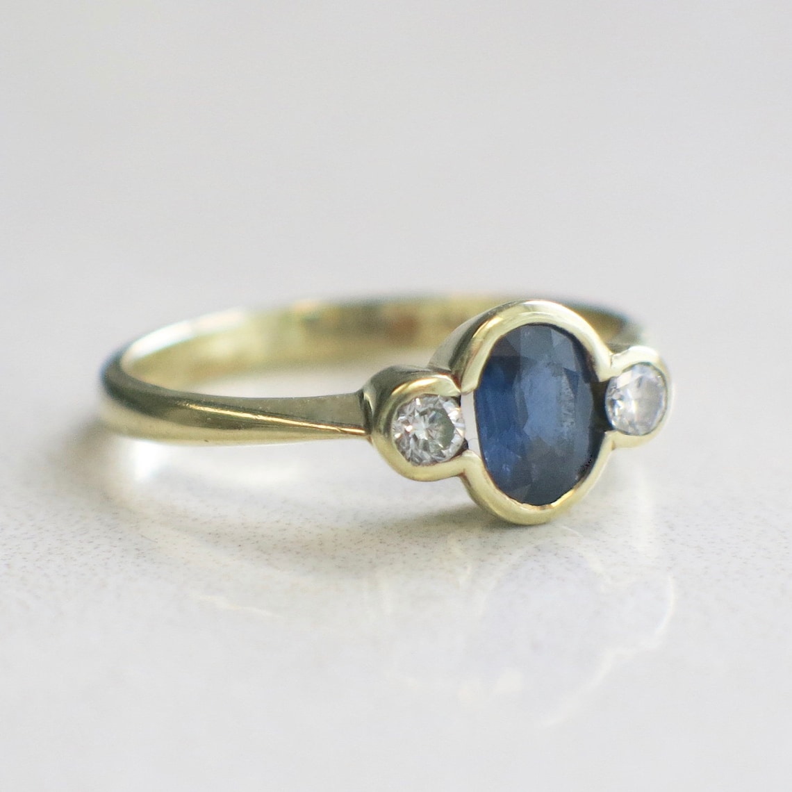 Oval Sapphire and Diamond Bezel Set 14K Yellow Gold Ring - Etsy