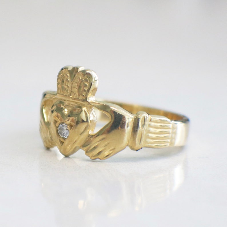 14K Yellow Gold Diamond Claddagh Ring - Etsy