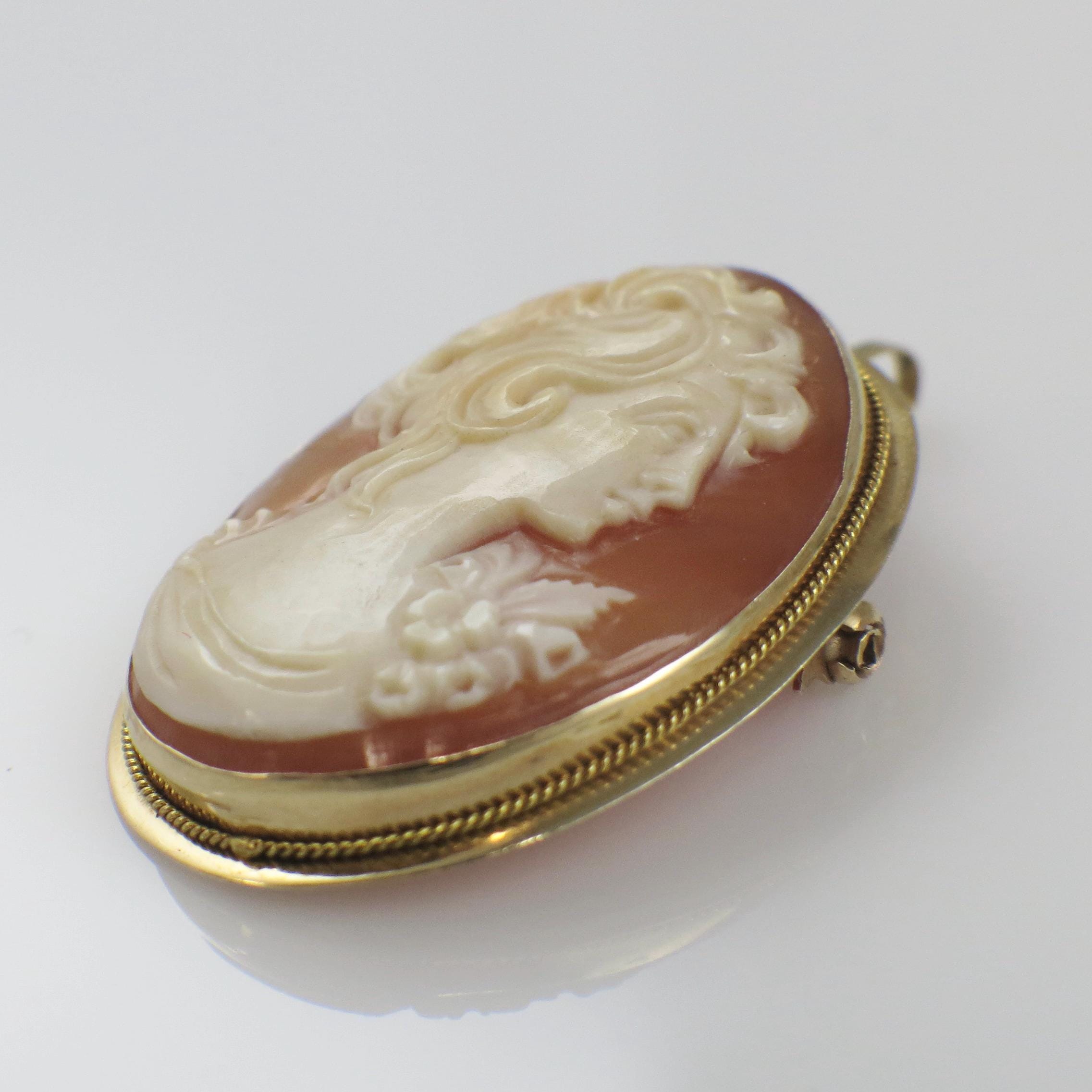 Large Italian Shell Cameo Pendant Brooch in 14K Gold, Vintage Portrait ...