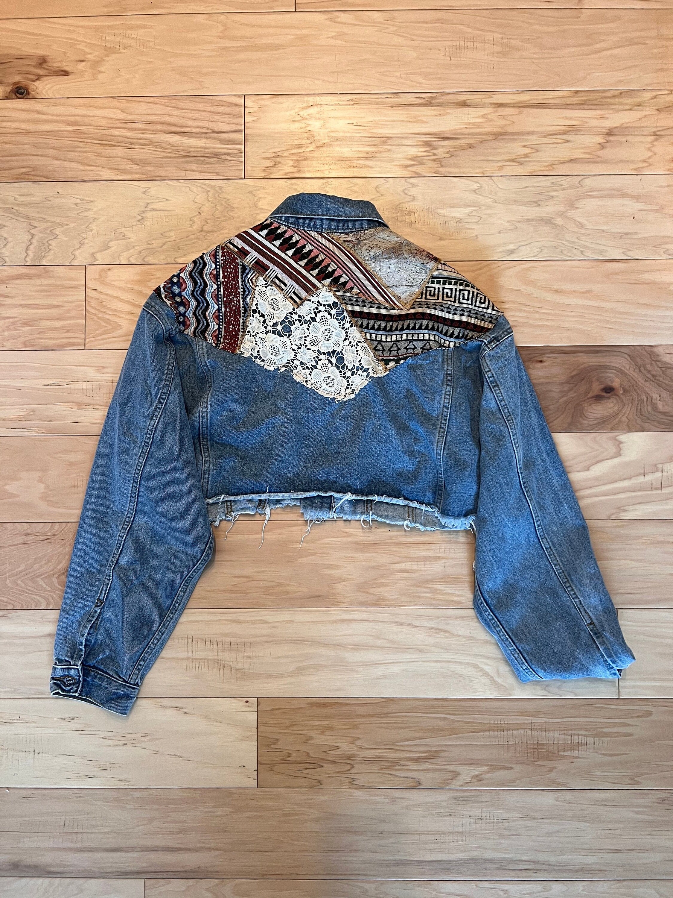 Western Cropped Denim Jacket Lace and Patched - Etsy