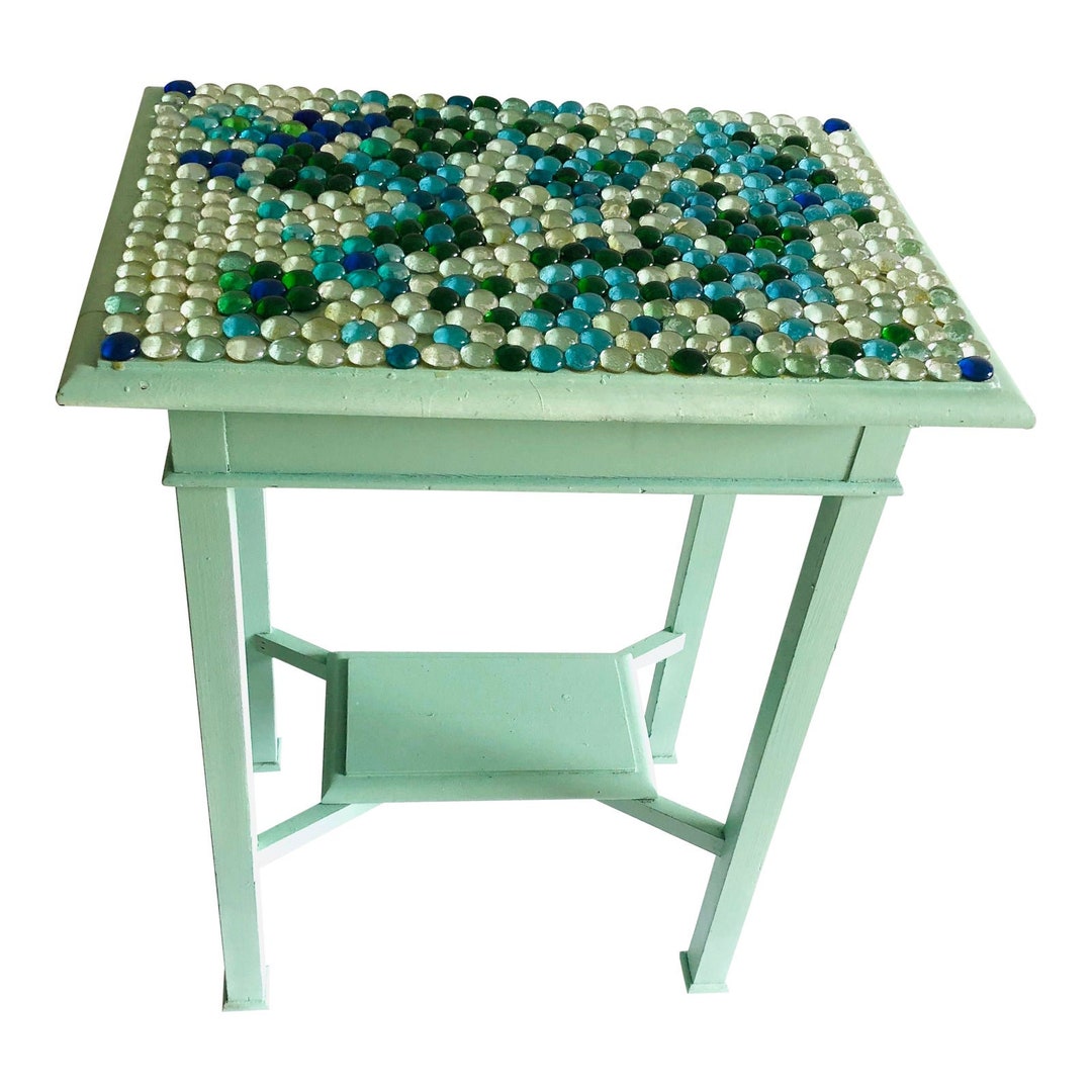 Coastal Style Vintage Oak Accent Table Painted & Decorated Glass Beads ...